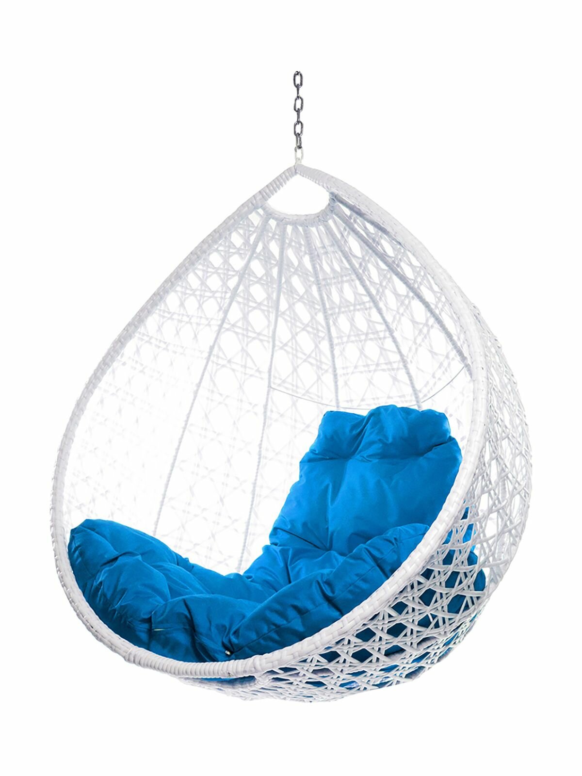 Подвесное кресло капля люкс (без стойки), с ротангом белое, синяя подушка