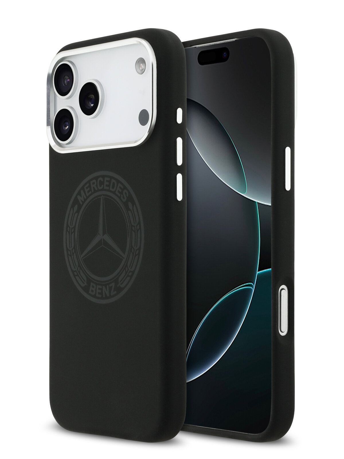 Чехол Mercedes на iPhone 17 Pro Max, с магнитами MagSafe, с покрытием soft touch, черный