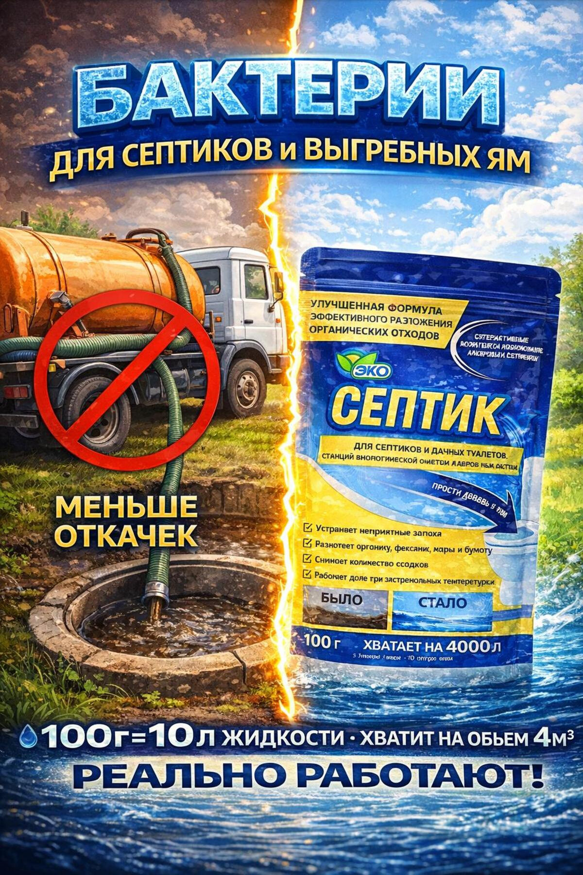 Бактерии для септиков для дачных туалетов, станций биологической очистки и выгрябных ям - 1 шт.