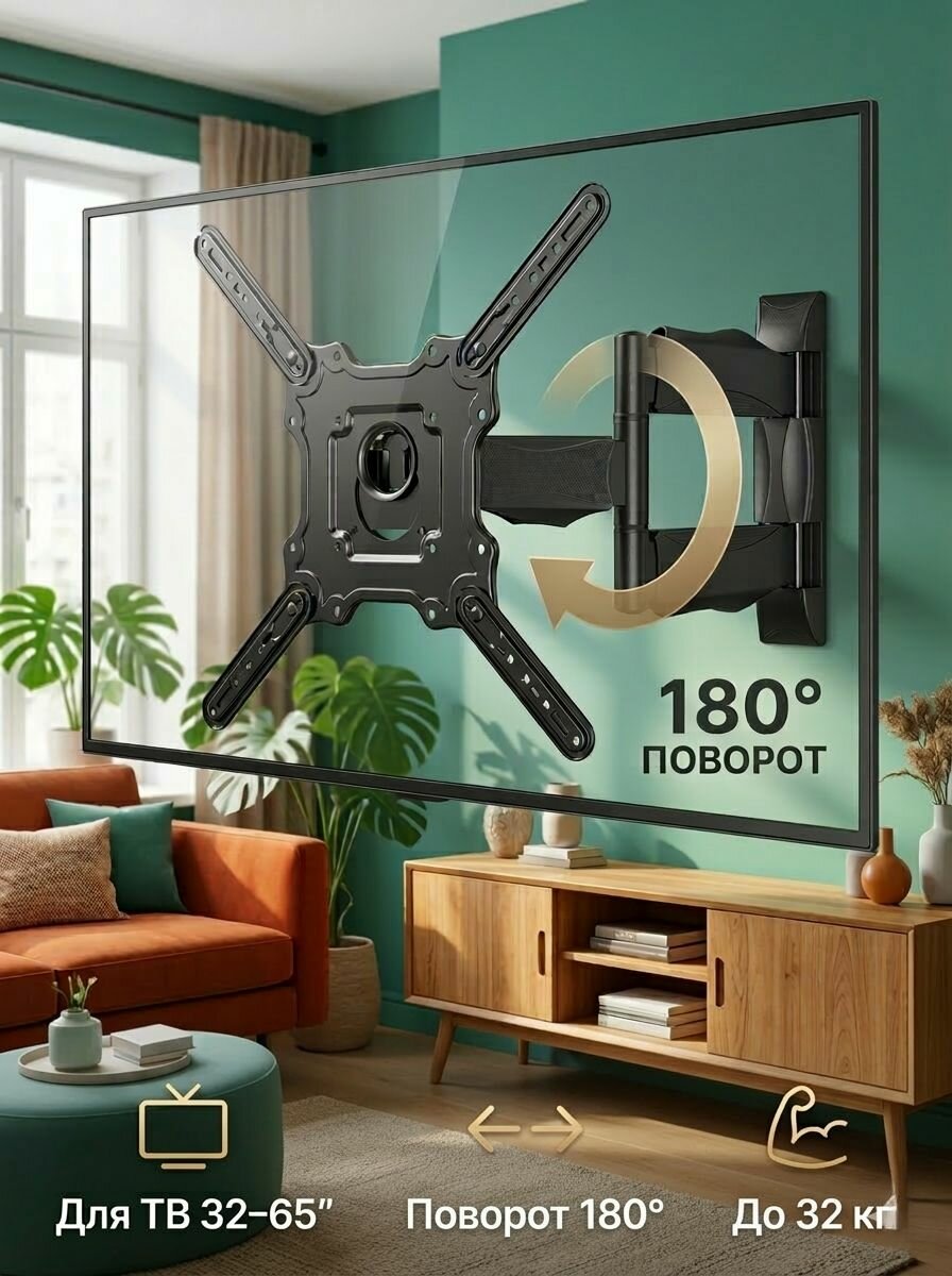 Кронштейн для телевизора 32-65 дюймов настенный поворотный наклонный держатель TV VESA 100x100-400x400 нагрузка до 32 кг
