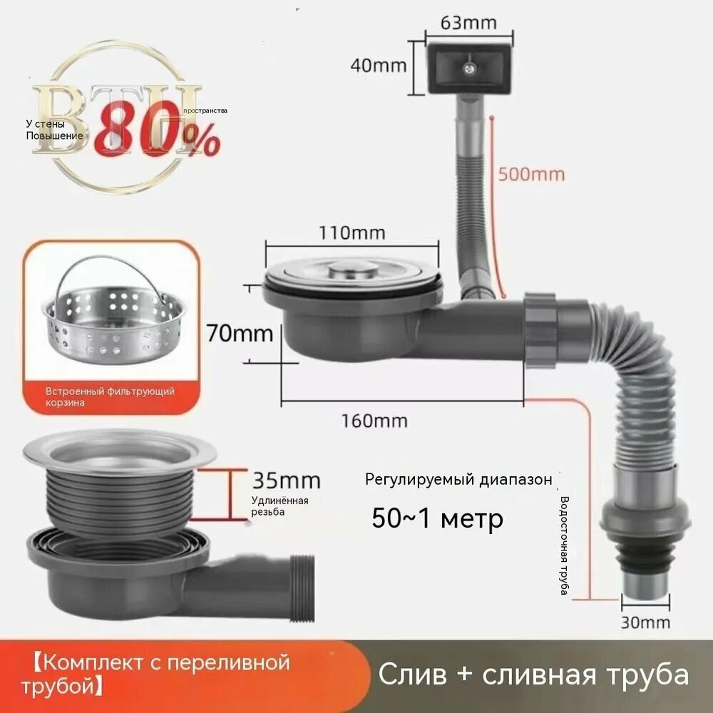 Сифон для кухонной мойки плоский без перелива