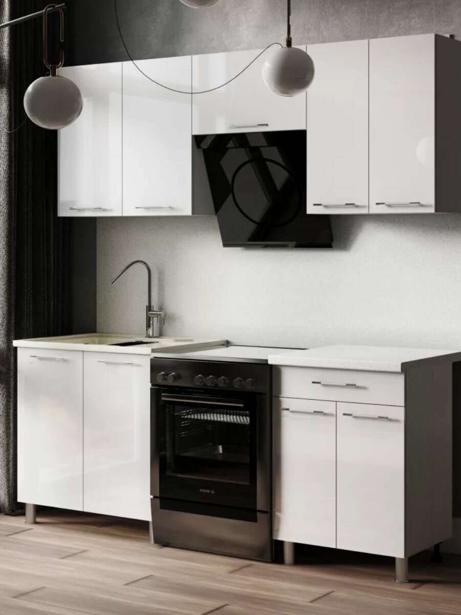 Кухонный гарнитур (кухня) без столешницы Танго 2.0 м с окапом , МДФ фасад Белый , корпус белый с текстурой древесные поры ЛДСП 2000х2160х430 тэкс