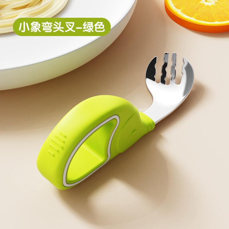 Детская столовая вилка из нержавеющей стали 316, изогнутая ручка, лаймово-зеленая, 1 шт для малышей