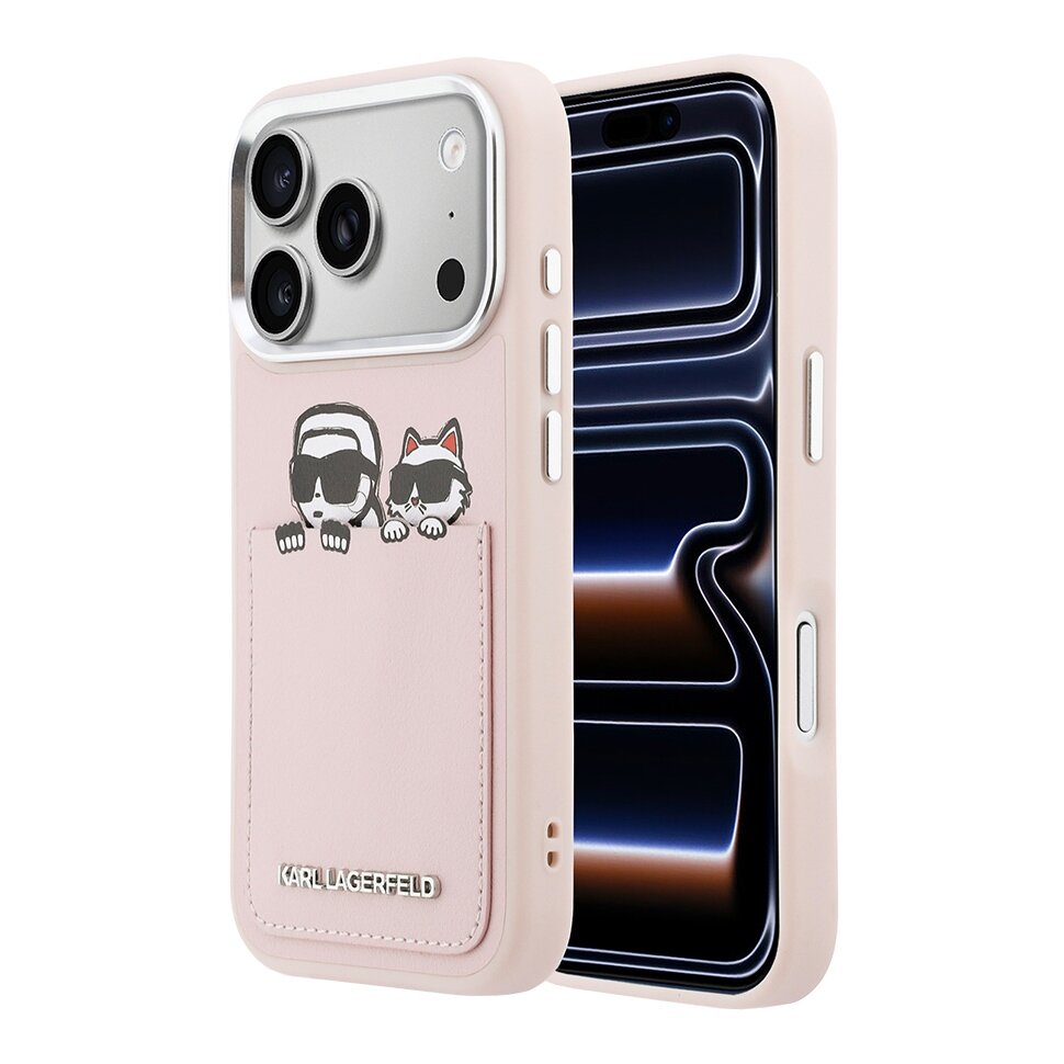 Karl Lagerfeld чехол с карманом для карт на iPhone 17 Pro Max, PU Smooth кожа с принтом Sketch Karl&Choupette, розовый