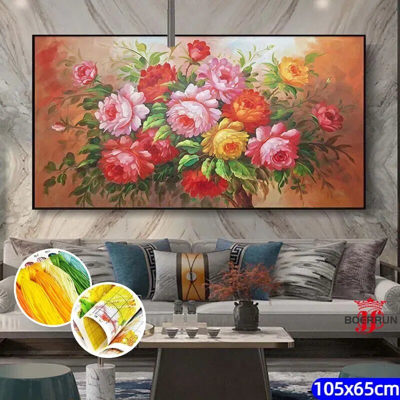 Вышивка крестом, наборы для вышивания крестиком, Цветок пиона, канва 11CT 105x65 см, полная зашивка (без подрамника, без рамки)