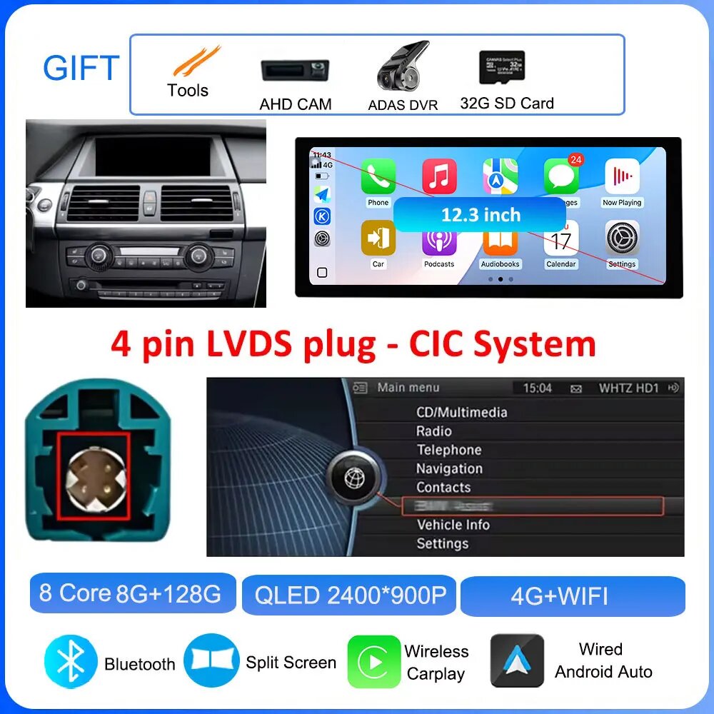 12,3 "для BMW X5 E70 X6 E71 2008 2009 2010-2013 CCC/CIC Android 15 System 4G BT CIC 8G 128G DVR