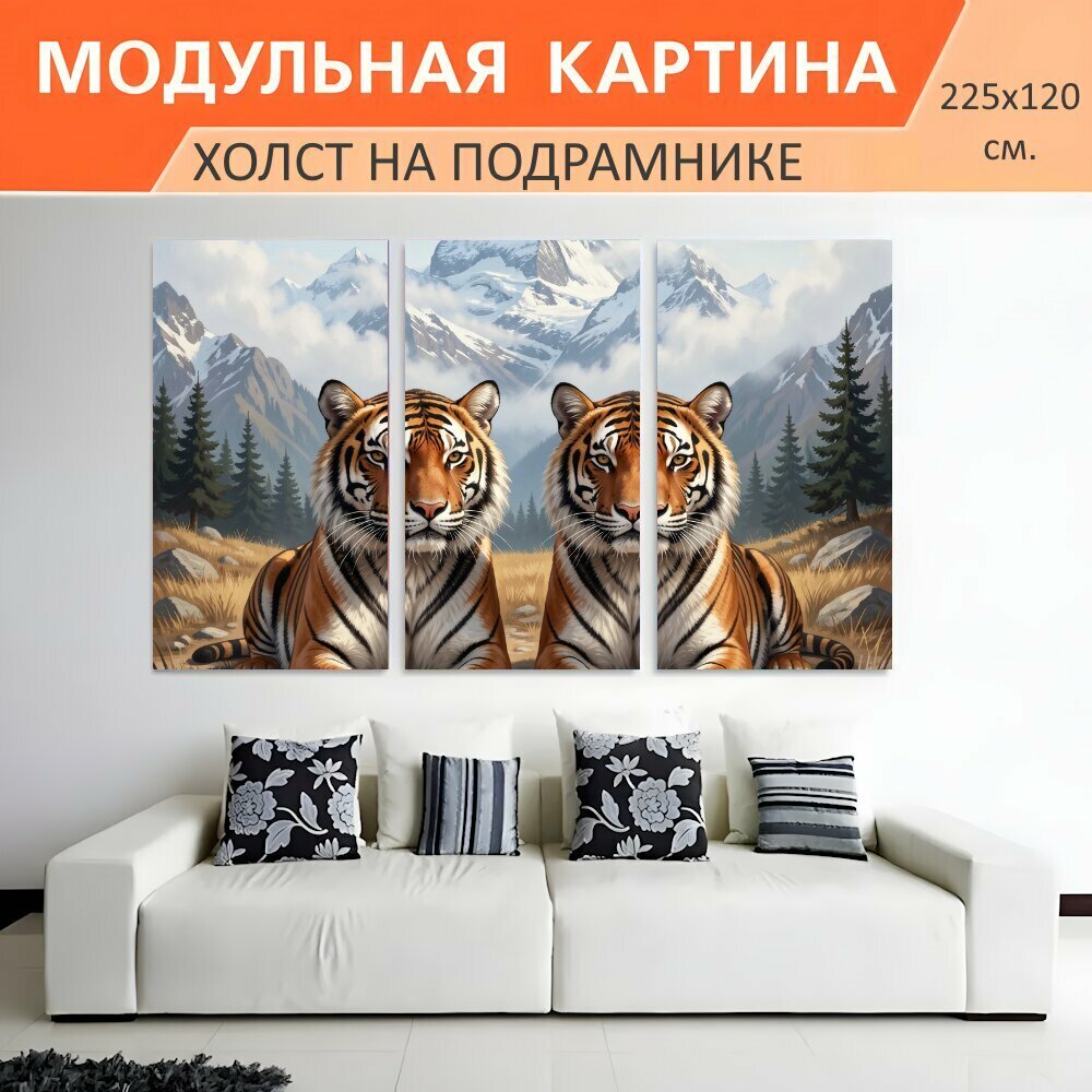 Модульная картина на холсте "Два тигра у горного хребта. Парные хищники лежат на каменистой поляне среди хвойного леса, на фоне." триптих на подрамнике 225х120 см. для интерьера