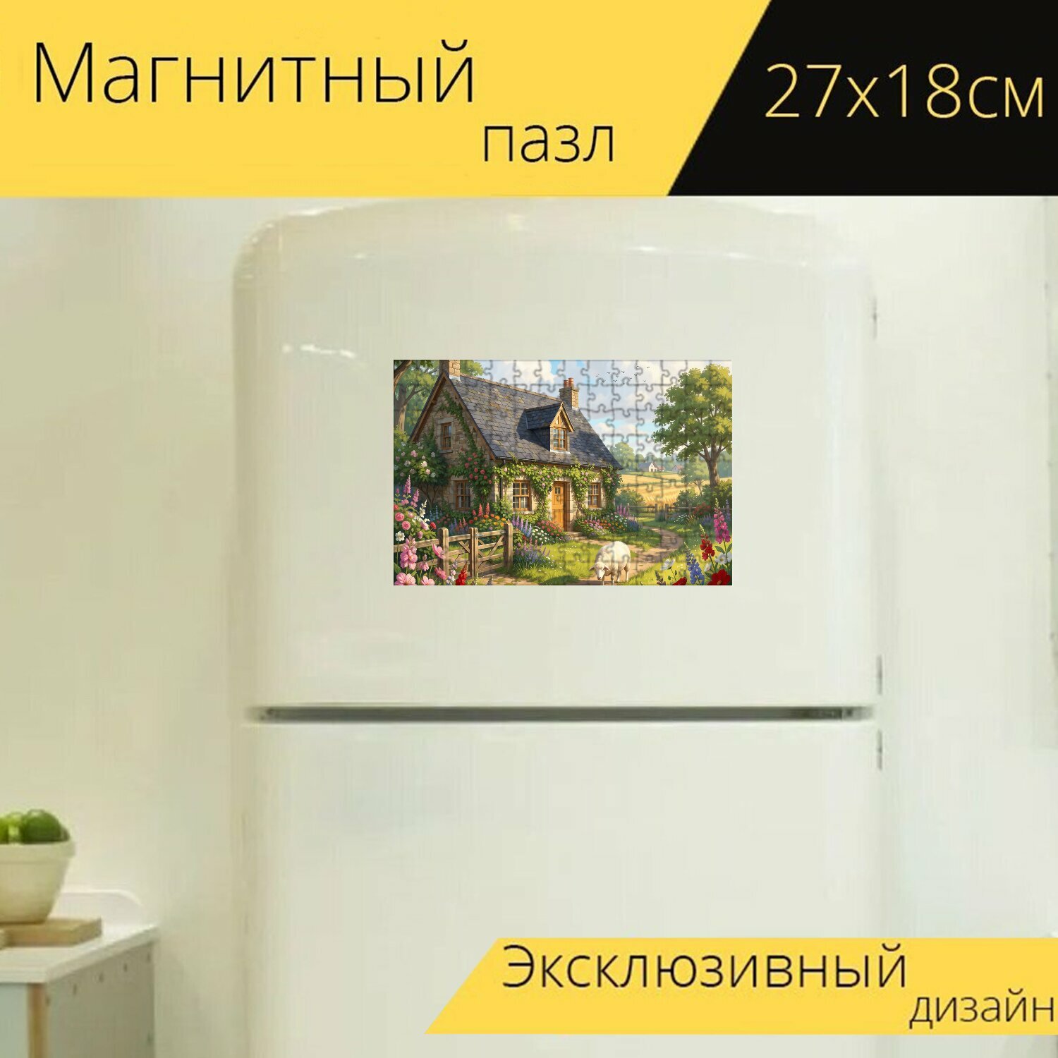 Магнитный пазл "Сельский дом в цветущем саду. Уютное деревенское жилище среди пышных цветов, зеленой лужайки и извилистой тропинки. Живописный летний." на холодильник 27 x 18 см.