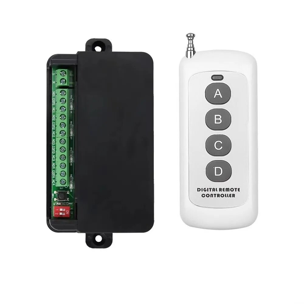 Многоканальное радио реле (4 канала) 220В 433МГц. Беспроводной выключатель. В комплекте пульт четыре кнопки.