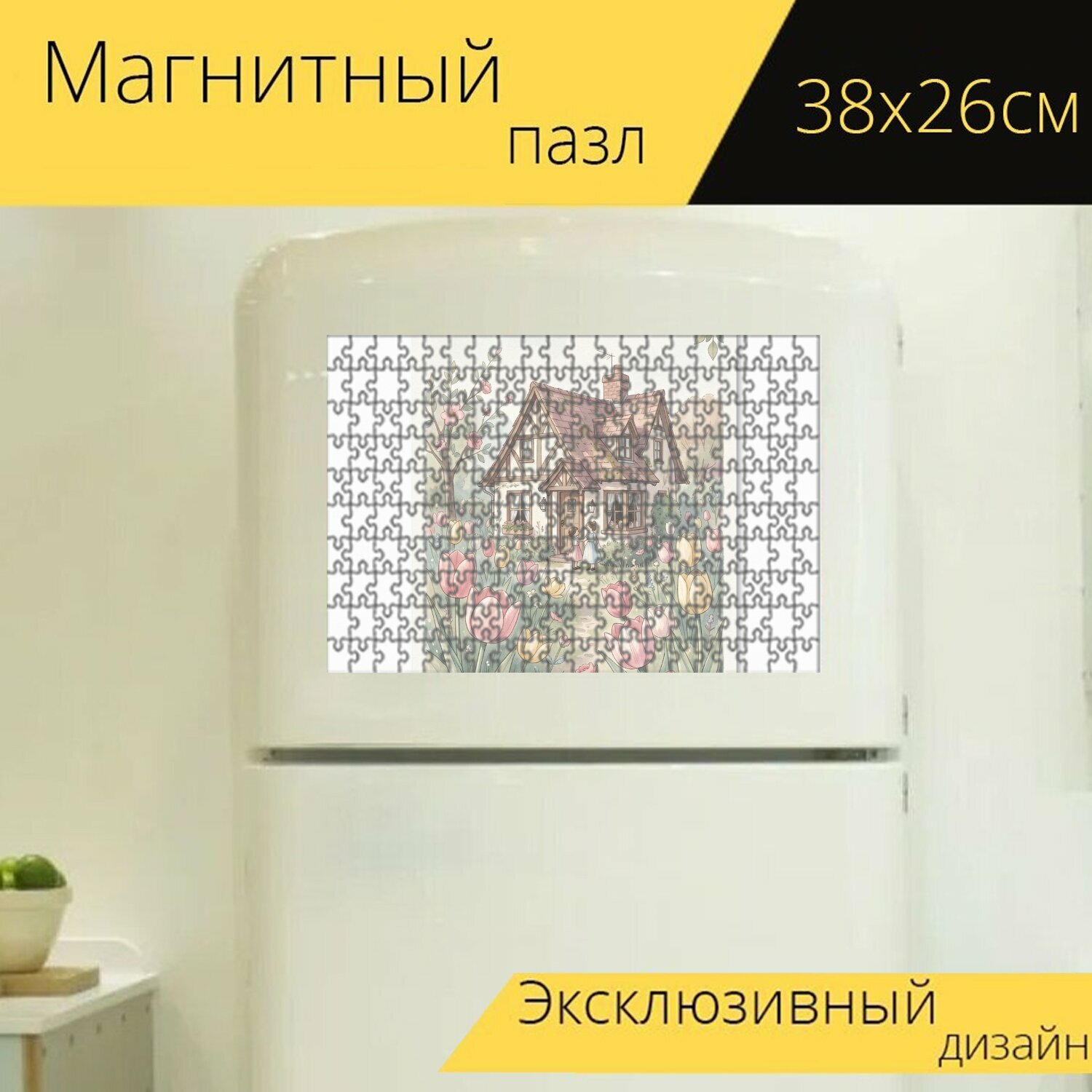 Магнитный пазл "Сказочный дом среди тюльпанов. Уютный загородный коттедж в цветущем саду с тюльпанами и нежными весенними цветами. Акварельная пастельная." для интерьера, 38х26 см.