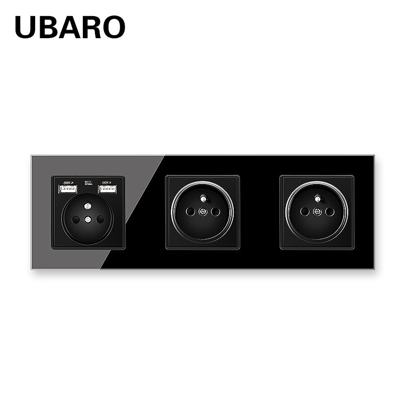 FR-258 Накладной розетка 16А встраиваемая с закаленным стеклом, черный, 1 USB, 2 розетки