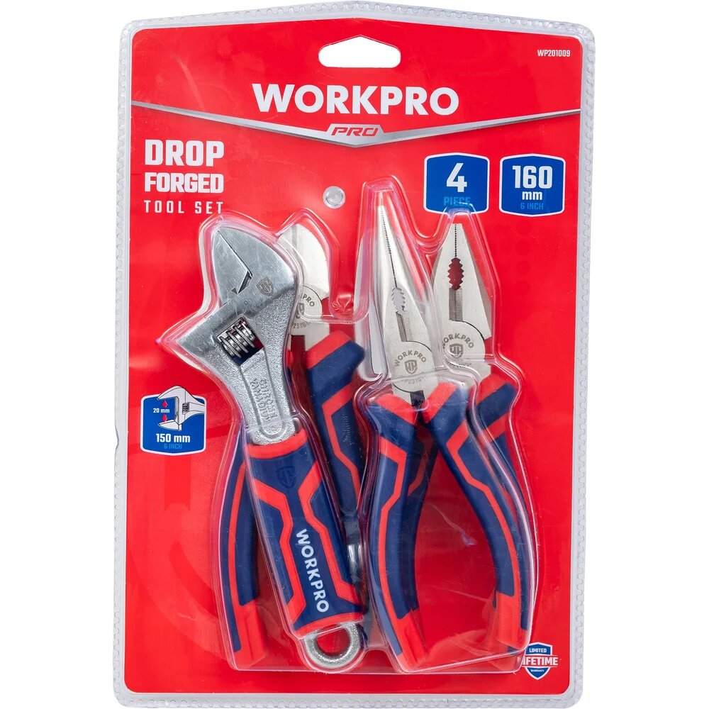 Набор, WORKPRO, инструментов WORKPRO ключ разводной, длинногубцы, бокорезы, пассатижи, — фото 1