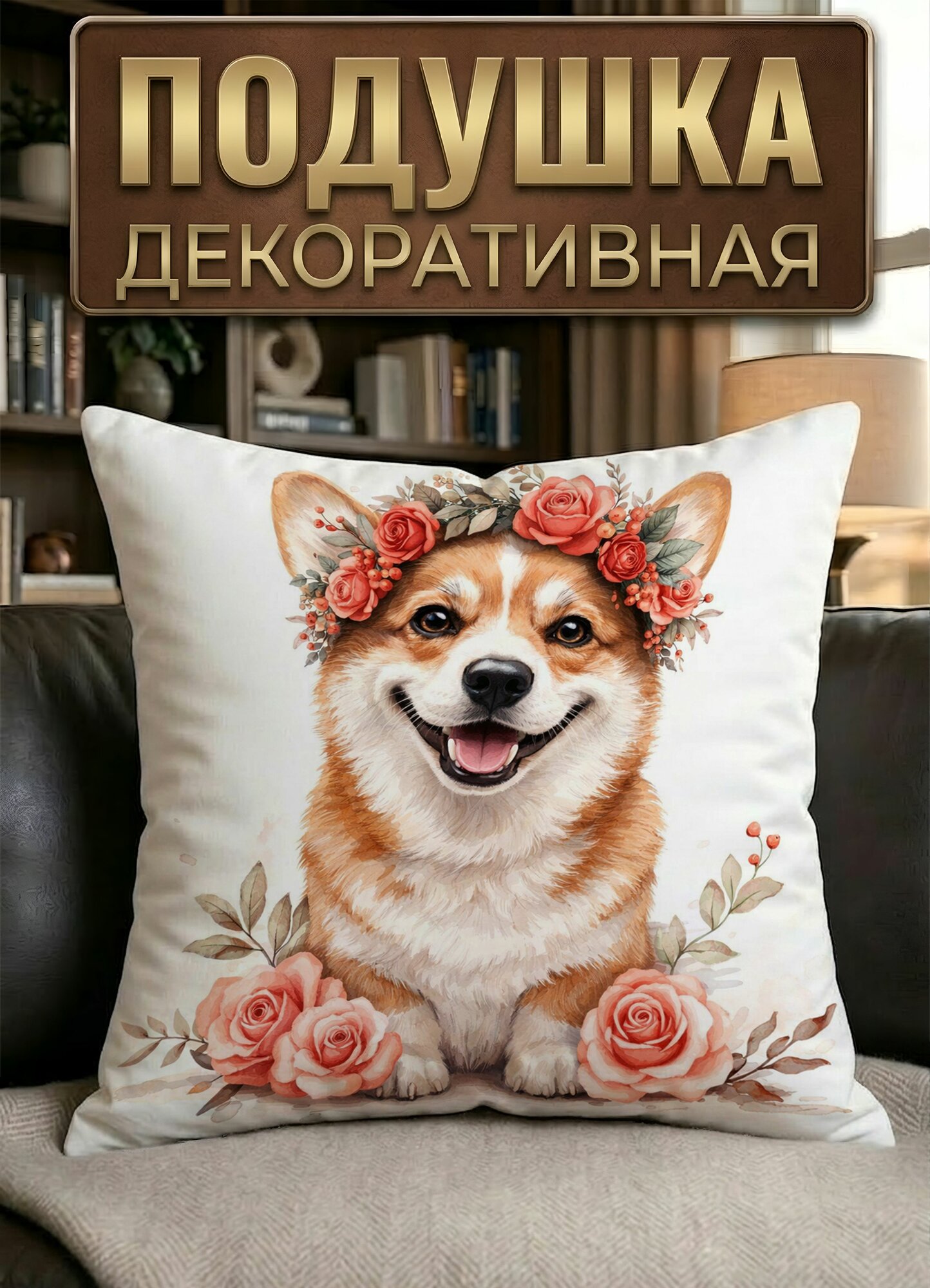 Подушка декоративная Собачка с венком из цветов Вельш-корги