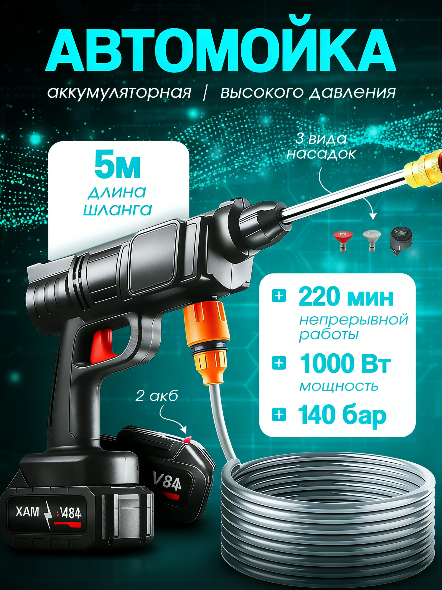 Мойка высокого давления, 1000Вт, портативная, аккумуляторная, с фильтром, в кейсе