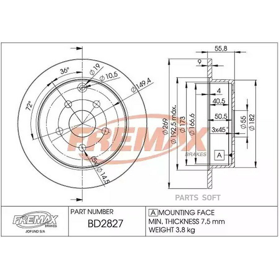 Диск тормозной задний Toyota Toyota Prius (03-)/Caldina (02-) зад. d=269 от официального дистрибьютора, FREMAX, артикул BD2827
