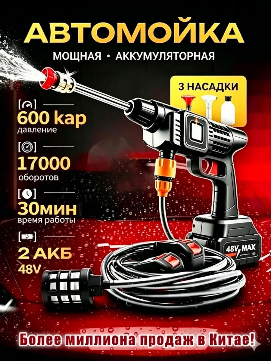Мойка высокого давления аккумуляторная для автомобиля, для автомобиля, в кейсе 2 аккумулятора
