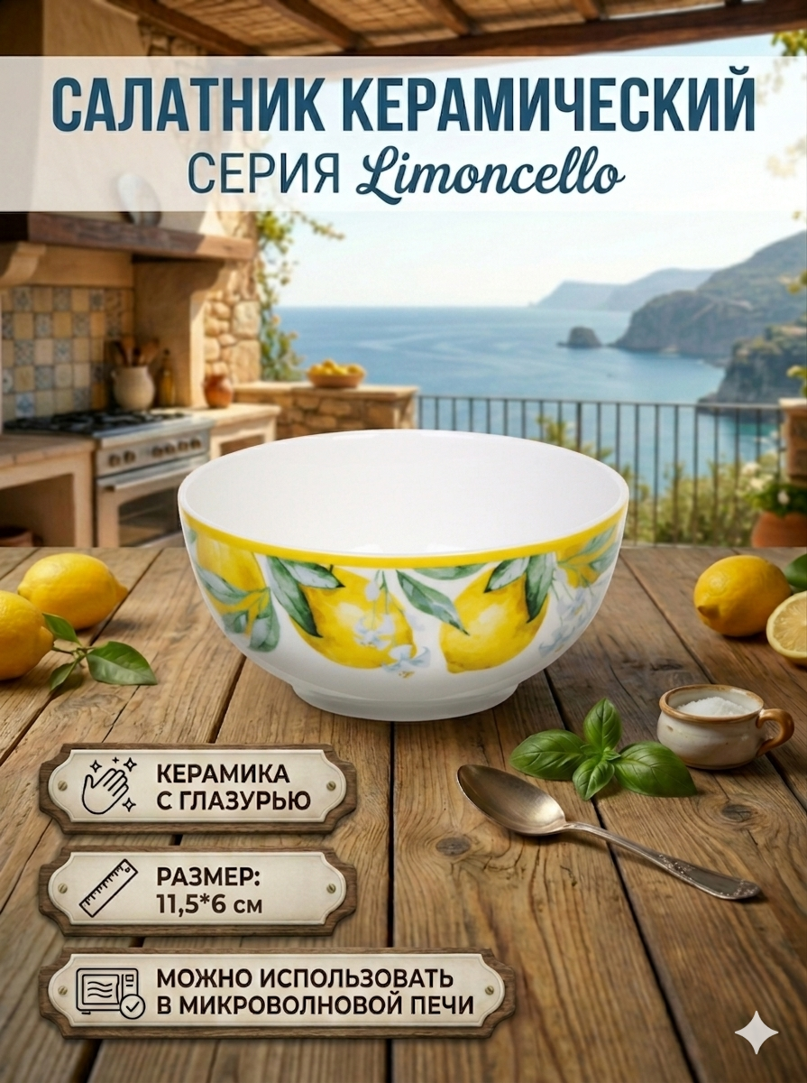 Салатник керамический «Limoncello» 11,5х6 см, белый с жёлтой окантовкой и рисунком лимонов