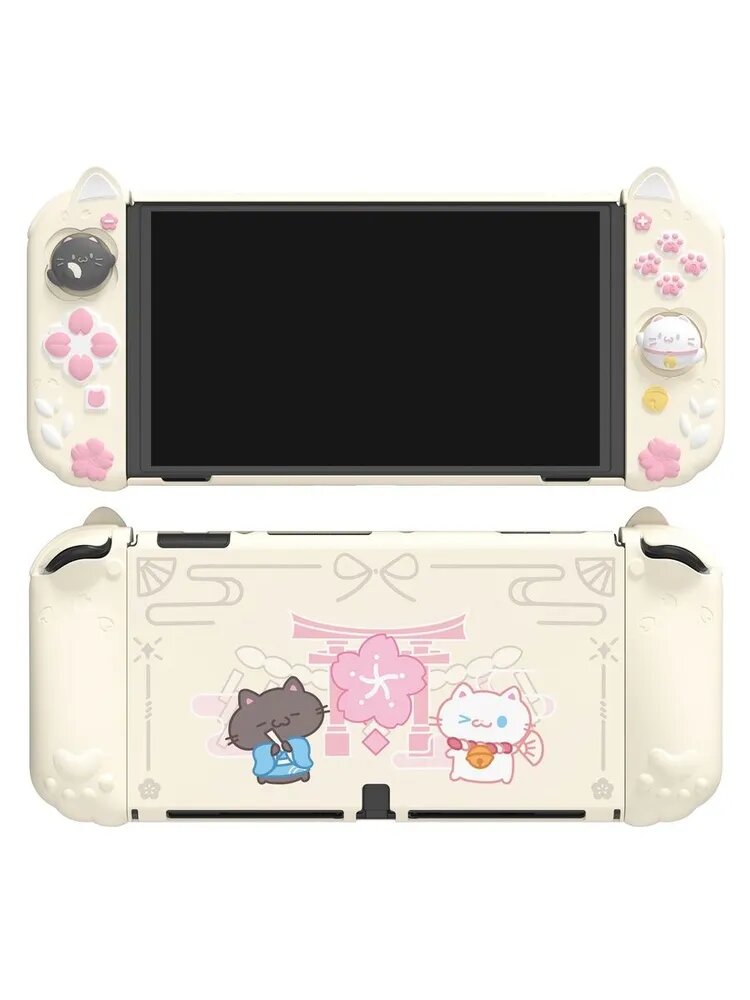 PlayVital защитный чехол для Nintendo Switch OLED Cherry Blossoms Kitten, жёсткий dockable корпус с подставкой, силиконовые грипсы и колпачки на стики, противоударный, желтый
