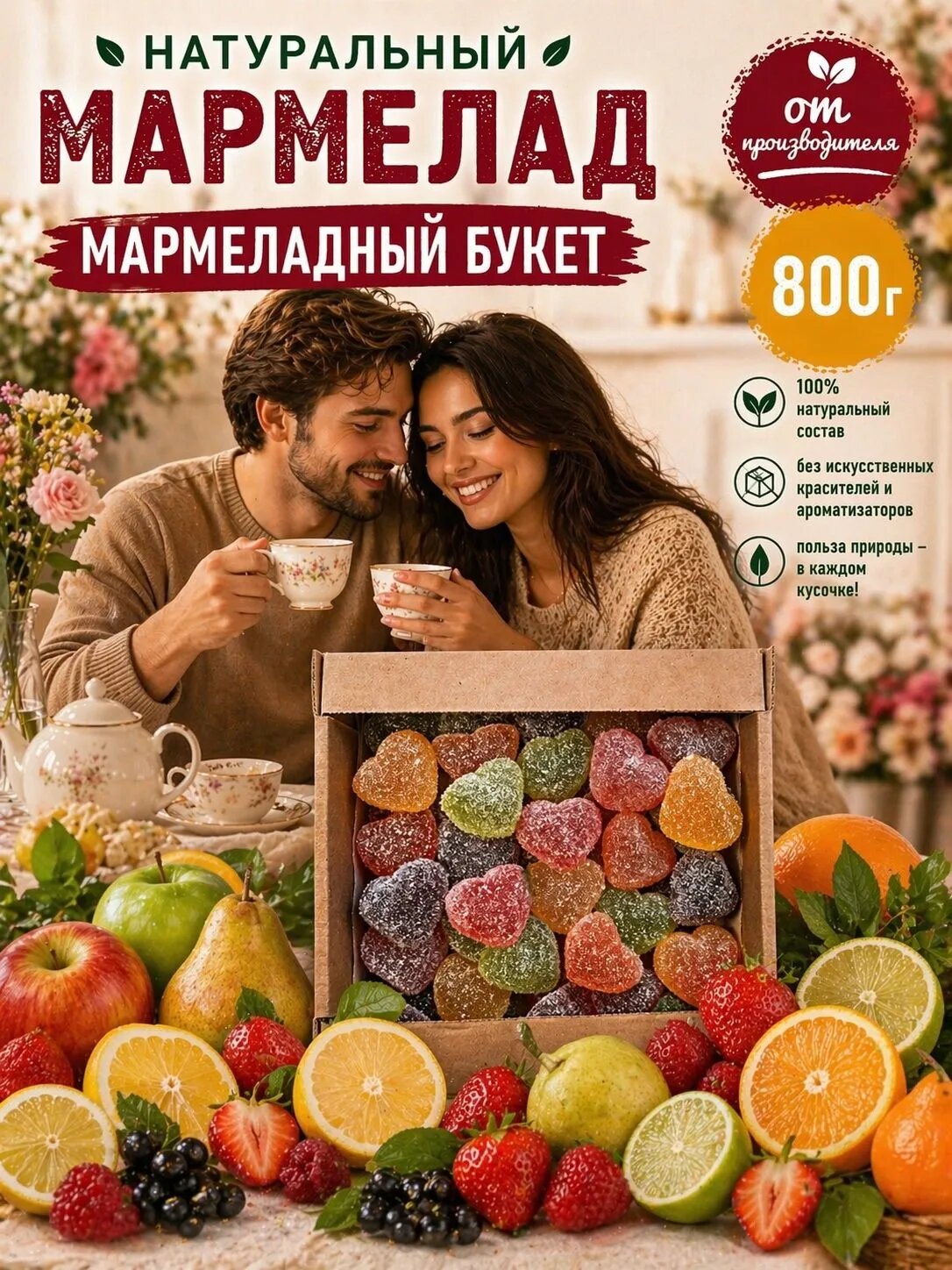 Мармелад «Мармеладный букет» с обсыпкой сахаром, 0.8 кг, желейный, формовой ГОСТ 6442-2014.