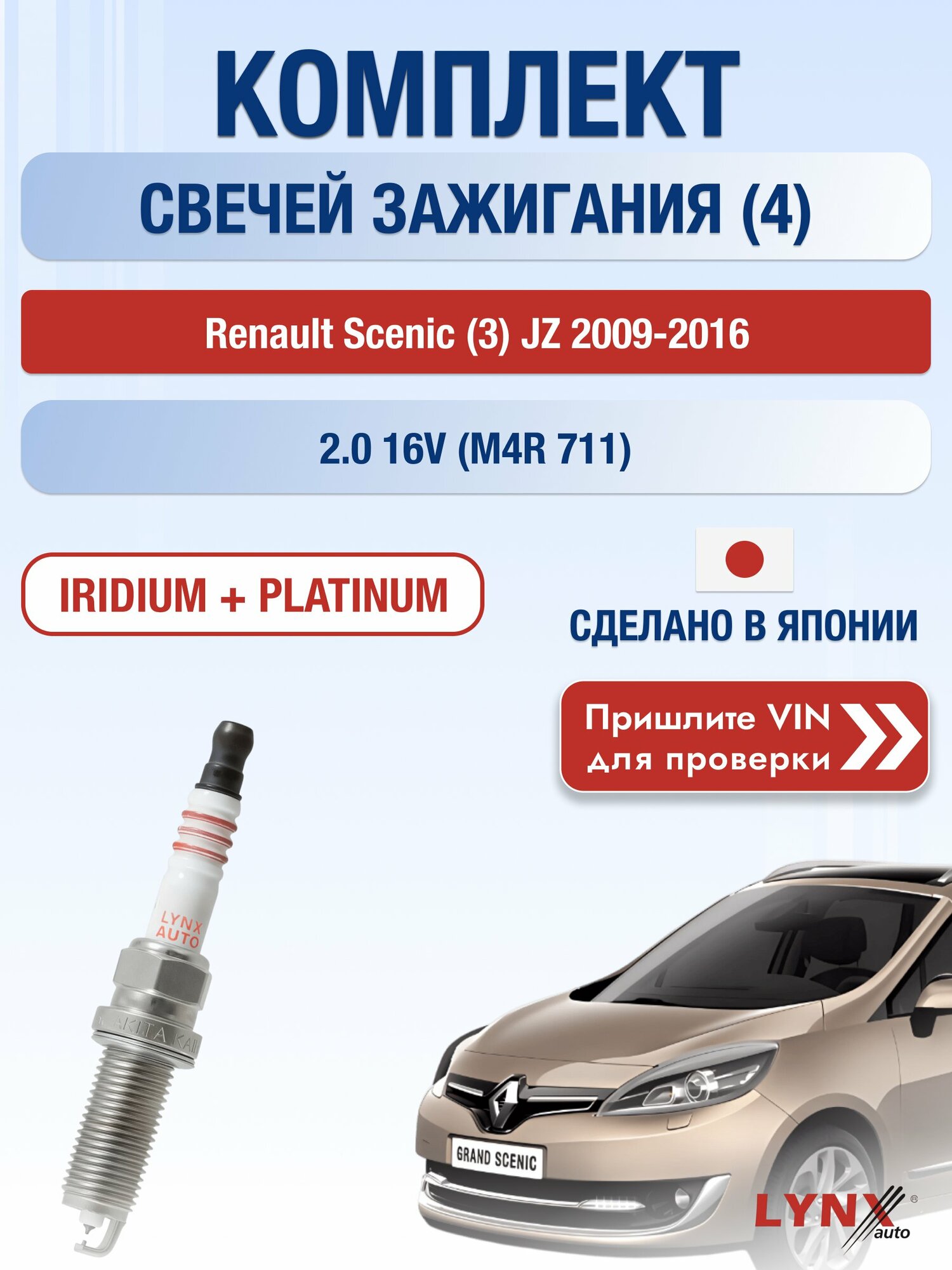 Свечи зажигания Renault Scenic (3) JZ 2009-2016 | Двигатель 2.0 16V (M4R 711) (SP-246) Рено Сценик LYNXauto