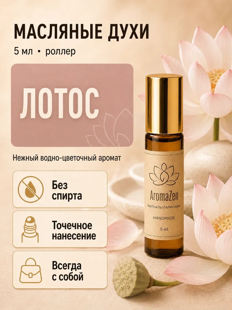 Масляные духи роллер "Цветок лотоса", женские, без спирта, шариковые, 5 мл