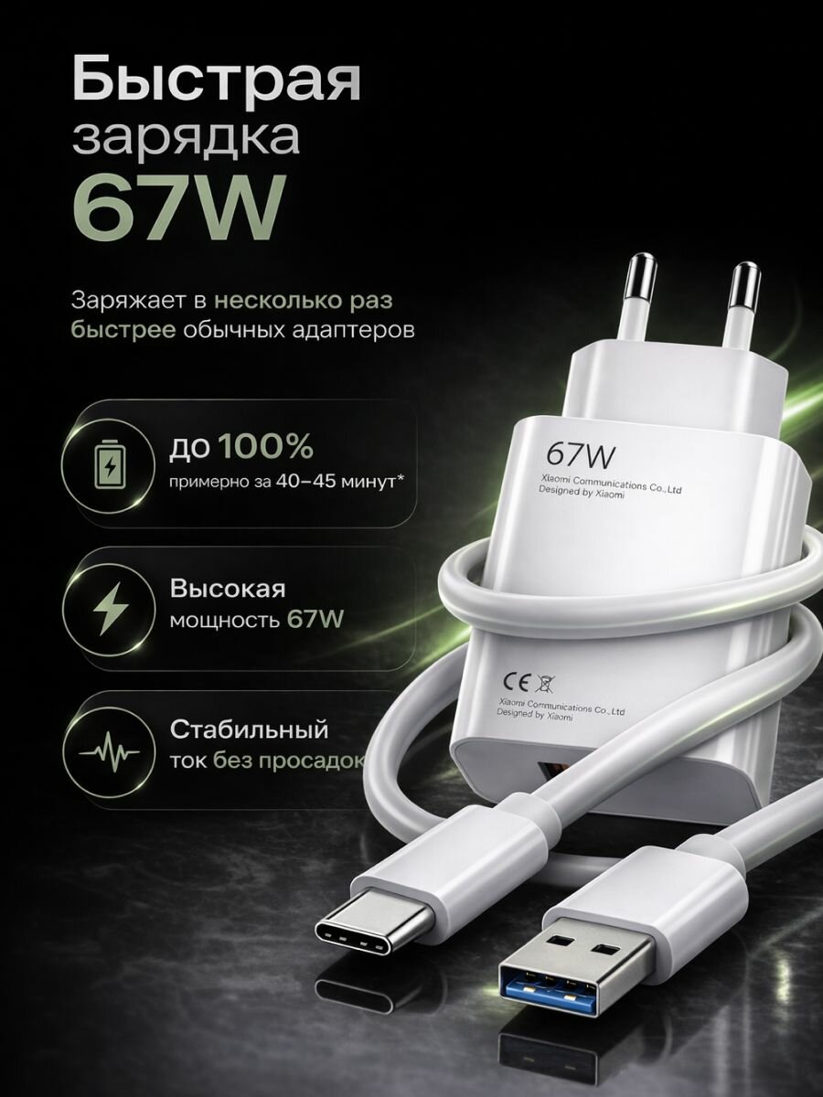 Быстрая зарядка 67W Type-C с кабелем, блок питания для телефона, зарядное устройство USB-C для Android и iPhone, адаптер быстрой зарядки 67 Вт
