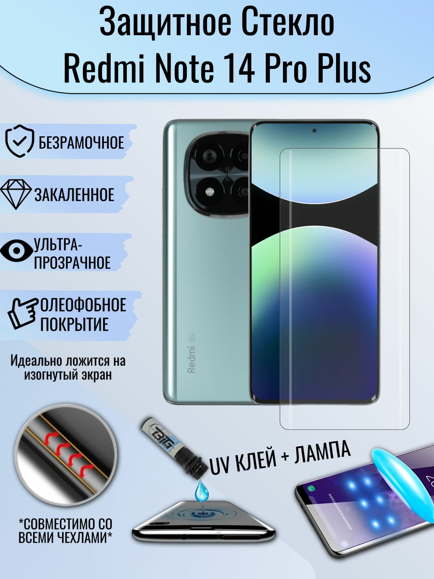 Защитное стекло Redmi Note 14 Pro Plus / редми нот 14 про плюс с UV УФ клеем и лампой уф клей лампа для редми нот 14 про плюс