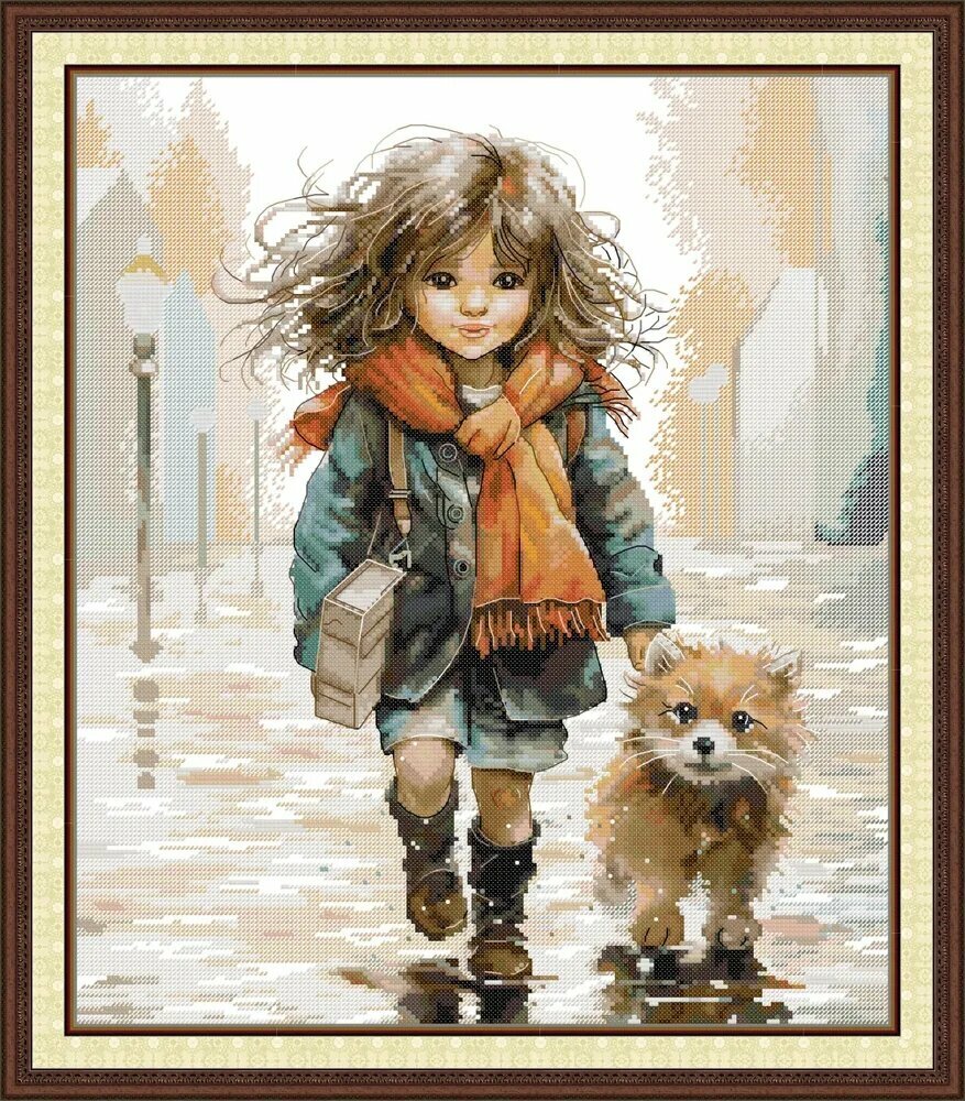 NKFвышивка крестом наборы, Схема на 14CT "Девочка и собака",42*48CM