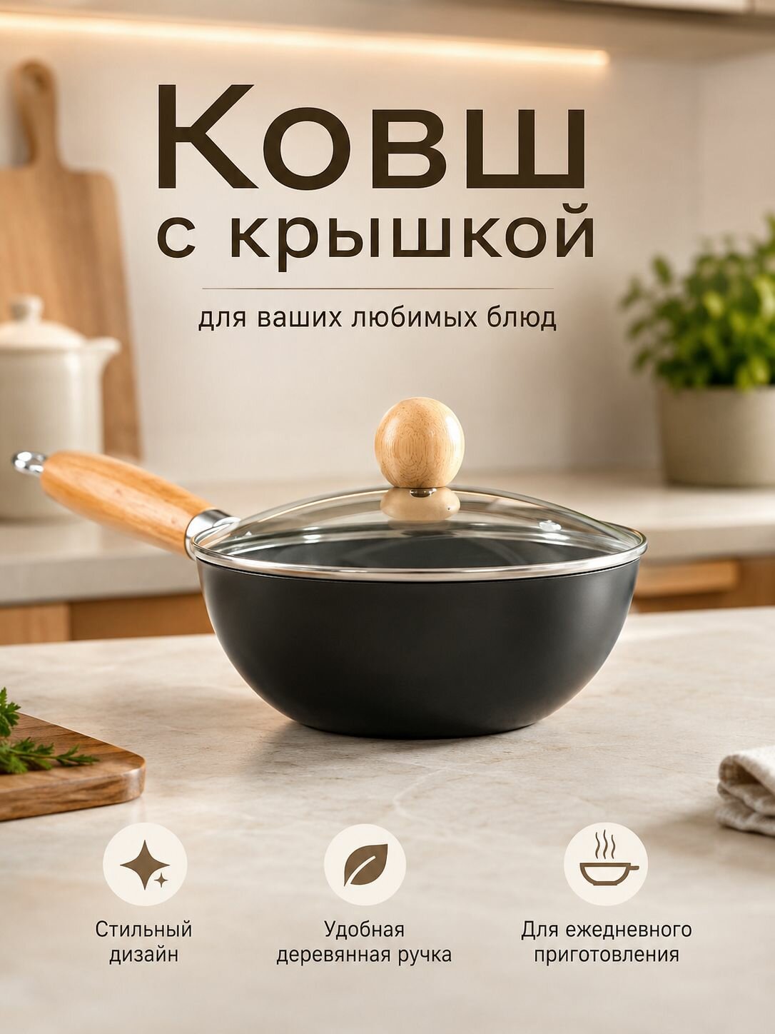 Вок, 20 см, с крышкой