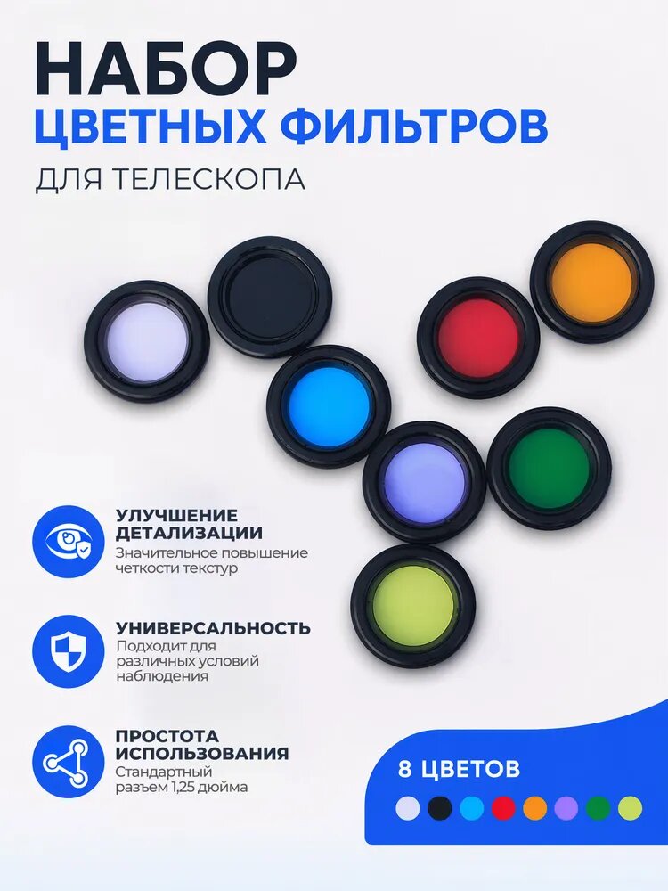 Фильтр для телескопа 1.25" (31.7 мм) лунный и туманностей, набор 8 цветов