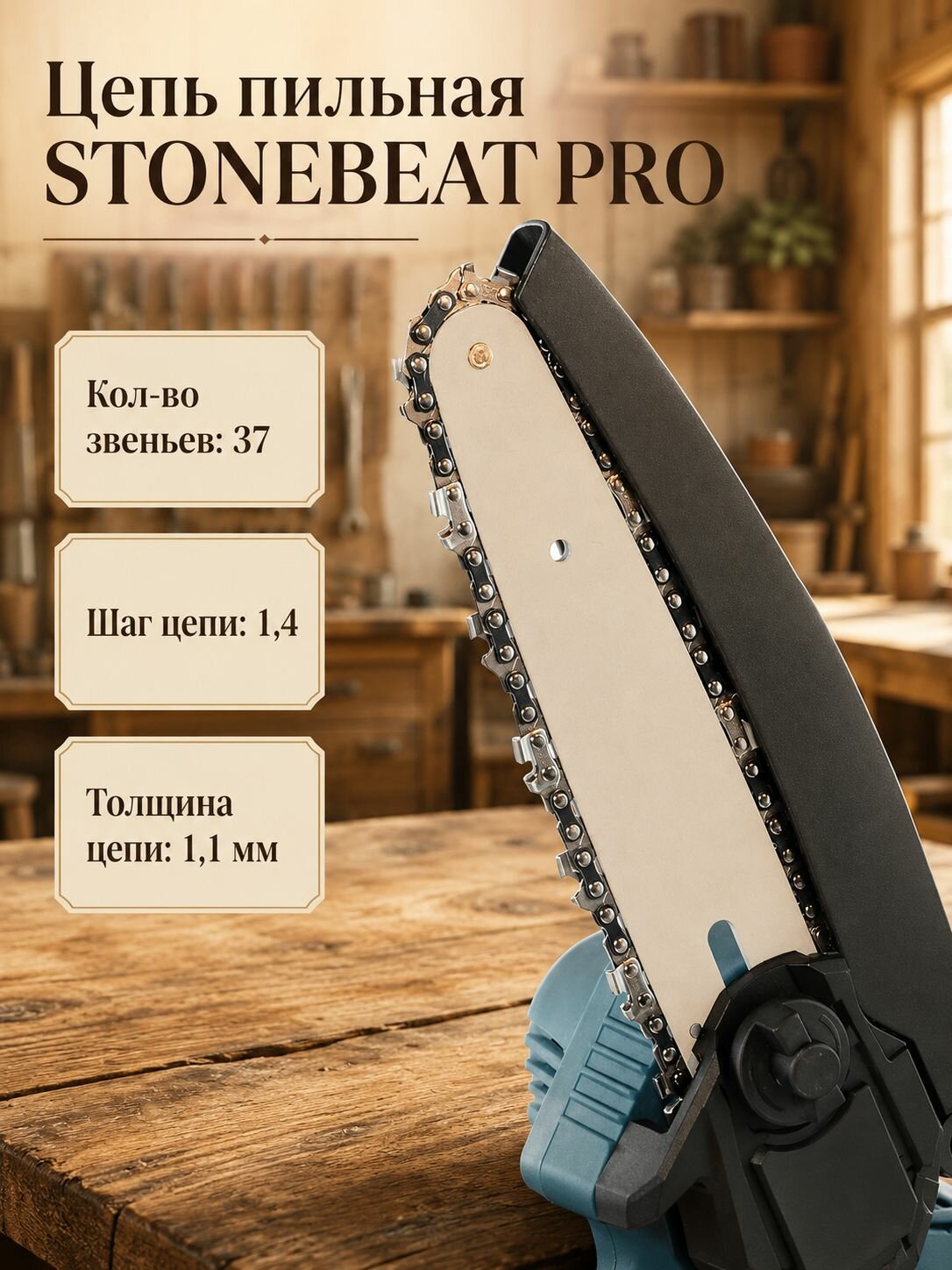 Цепь пильная STONEBEAT PRO, длина шины: 18,5 см, количество звеньев: 37, шаг цепи: 1/4", ширина паза: 1,1 мм