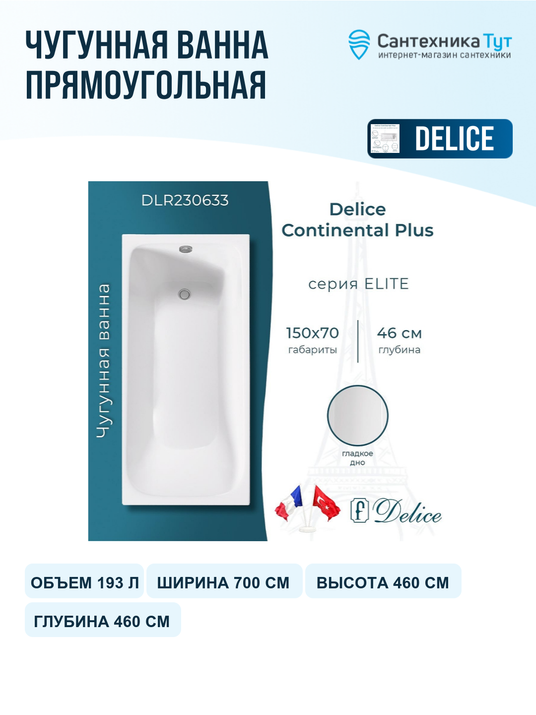 Чугунная ванна Delice Continental PLUS 150х70 DLR230633 без отверстий под ручки и антискользящего покрытия