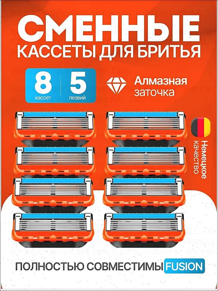 Лезвия Кассеты для бритья мужские 8 шт / Сменные кассеты с 5 лезвиями для бритья
