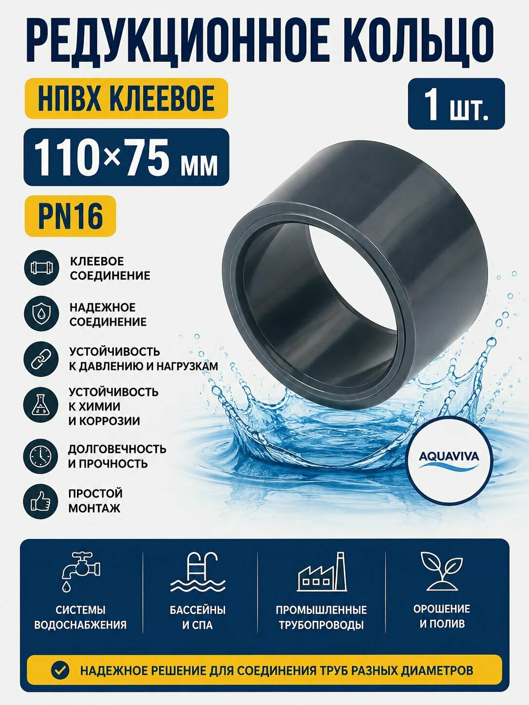 Редукционное кольцо НПВХ 110х75 мм PN16 AQUAVIVA клеевое/ 1 шт.