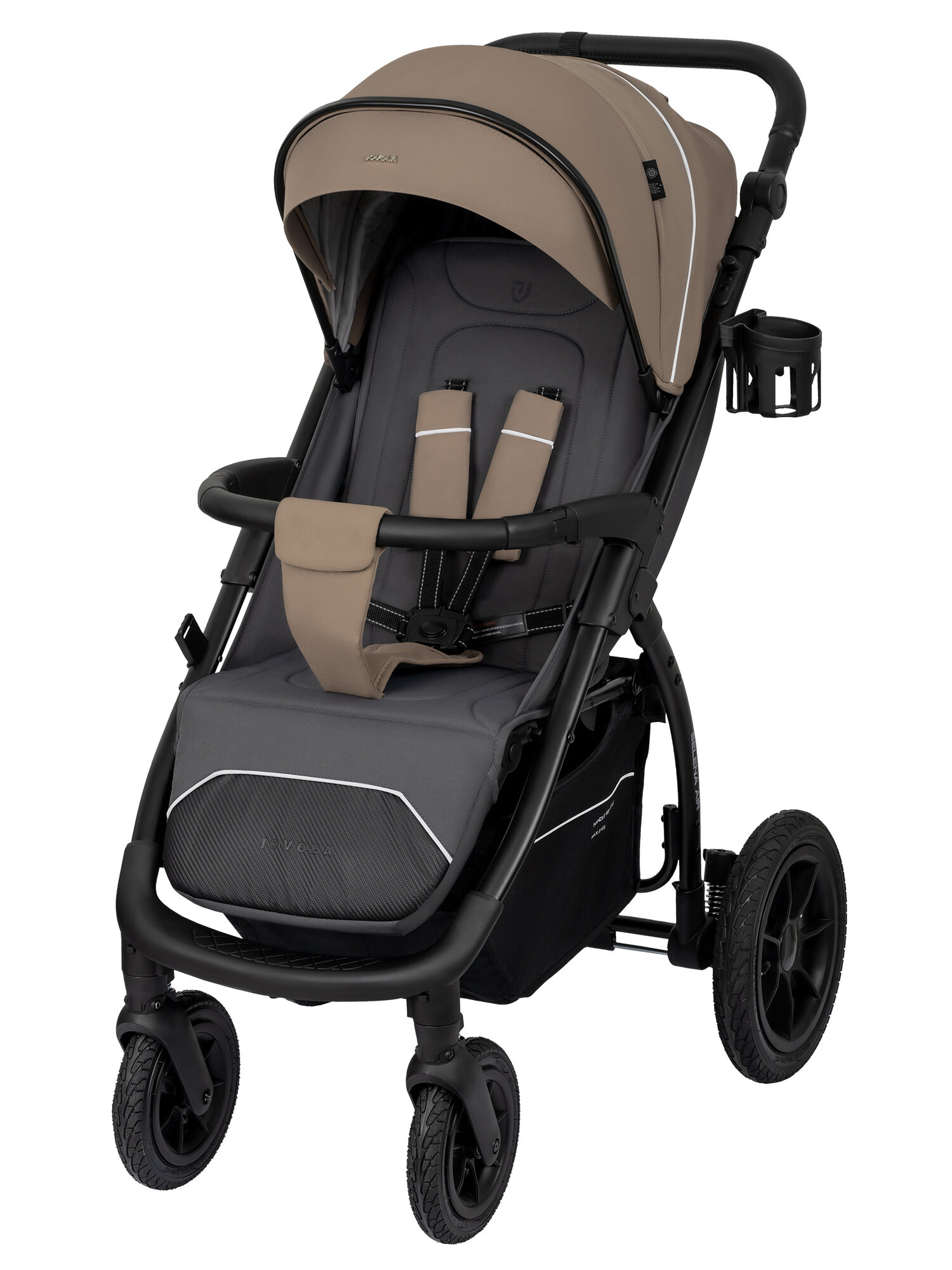 Коляска прогулочная детская Jovola Selena Air Plus, всесезонная, большие надувные колеса, амортизация, темно-бежевый-серый