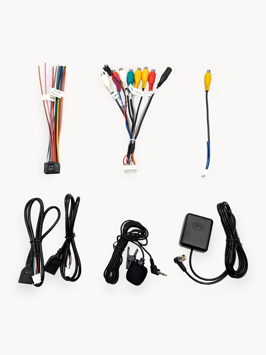 Полный комплект проводов для подключения Android магнитолы с кулером - питание, RCA, кабель для зад. камеры, GPS антенна, 2 USB кабеля, Микрофон
