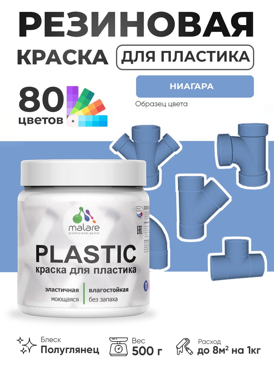 Резиновая краска для пластика Malare Plastic для пенопласта ПВХ сайдинга, для подоконников и откосов, быстросохнущая без запаха, полуглянцевая, ниагара, 0.5 кг