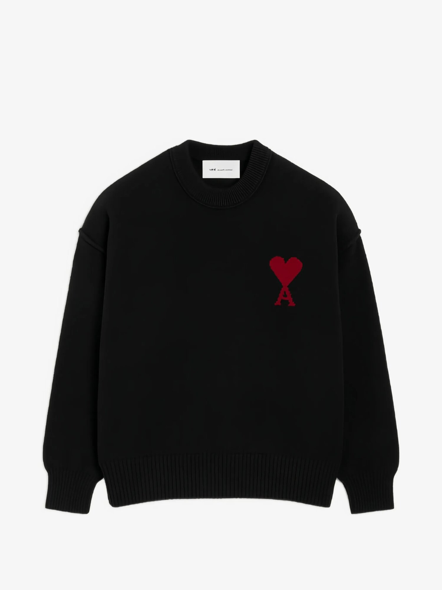 Свитер Ami Paris Black crew neck wool sweater with Ami de Coeur