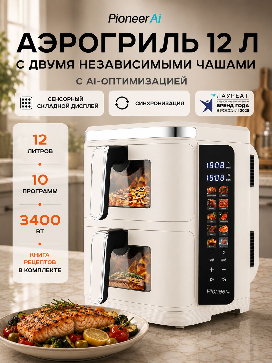 Pioneer Аэрогриль c двумя чашами по 6 л SM550D beige, 2 вентилятора, 60-200гр, складной цветной сенсорный дисплей, 10 автопрограмм, книга рецептов, 1700 Вт + 1700 Вт, бежевый
