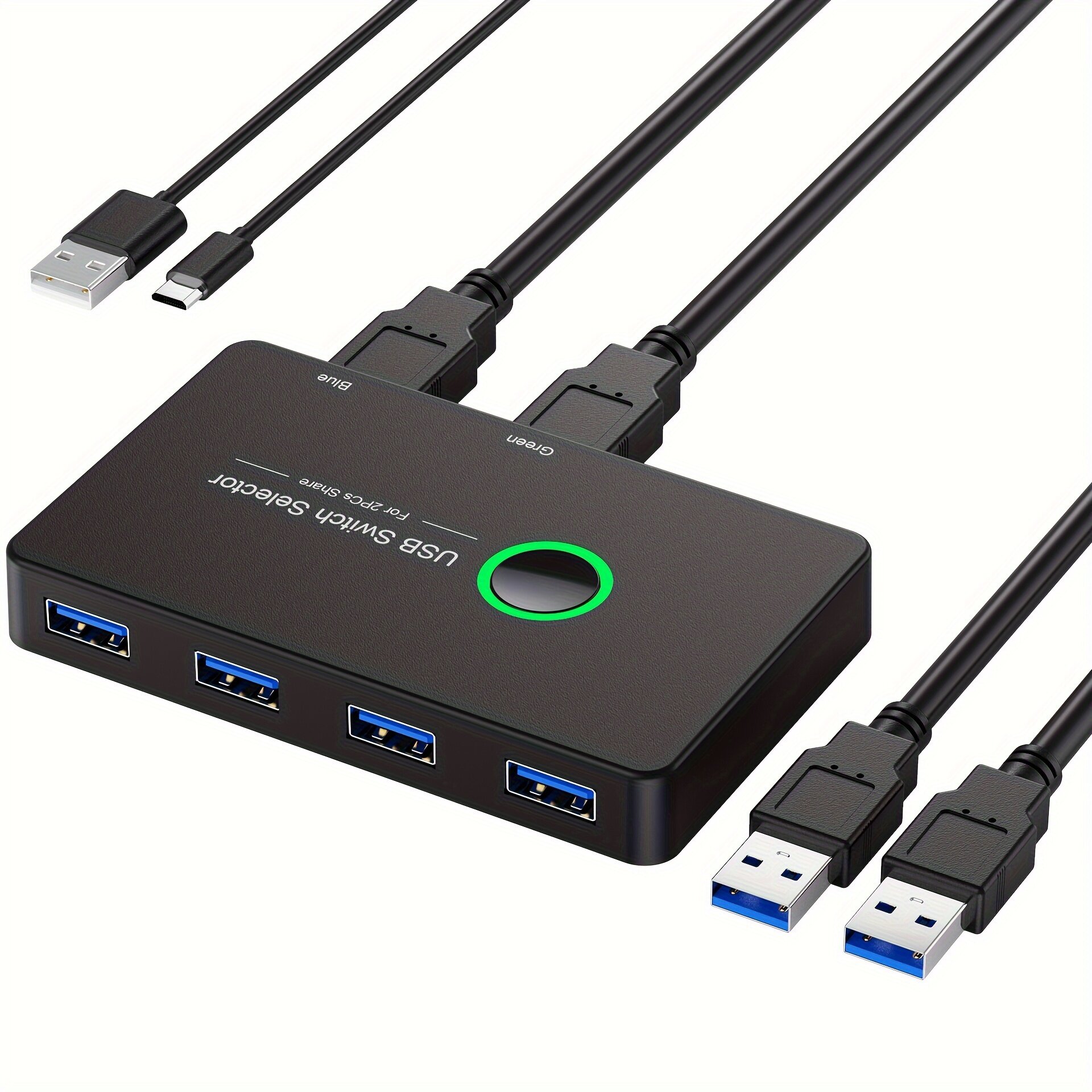 Переключатель USB 3.0 2 входа 4 выхода для двух компьютеров, подключение мыши, клавиатуры, принтера и сканера, управление одной кнопкой, кабели USB 3.0 и Micro USB 2.0 в комплекте, черный, ABS