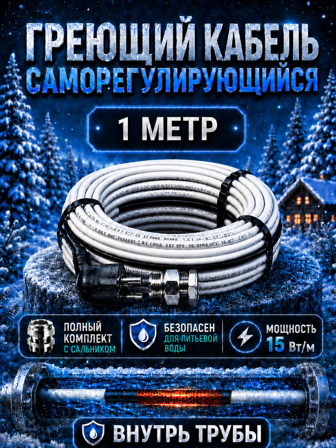 Греющий кабель в трубу водопровода саморегулирующийся 1м - 15Вт/м комплект