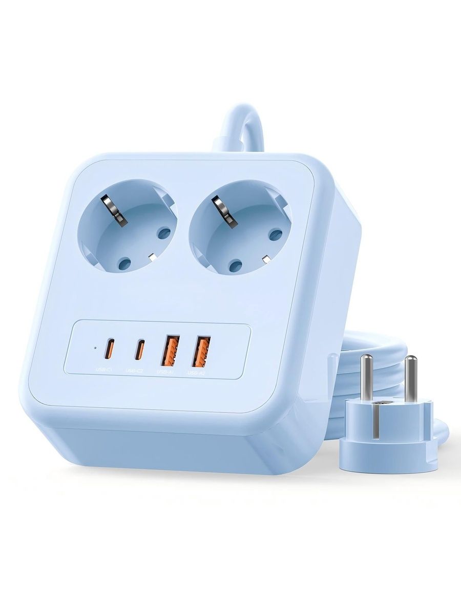 Удлинитель сетевой 6 в 1 с USB-C PD 20W, розетки + USB-A + USB-C, кабель 3 м, куб для рабочего стола и дома, голубой
