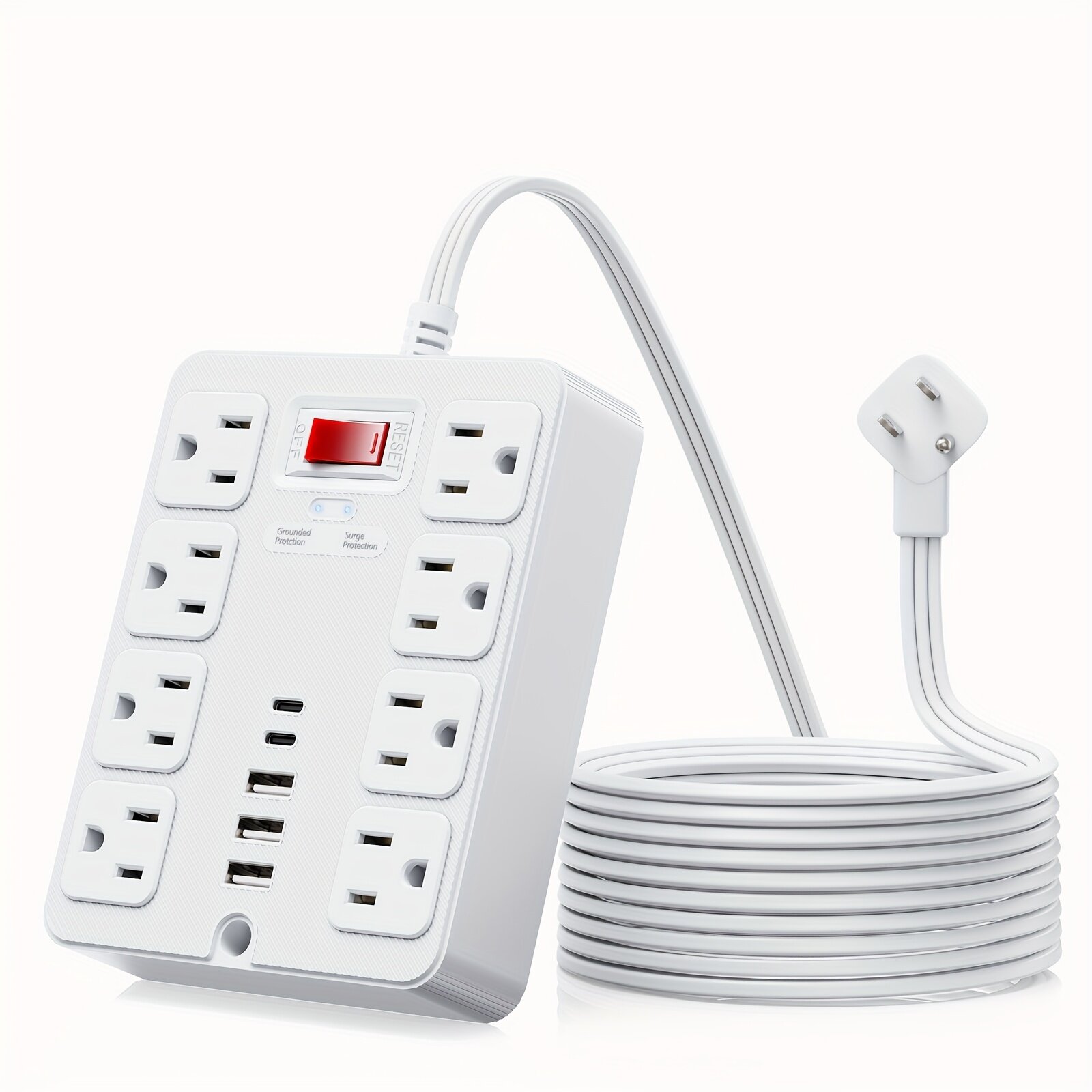 Удлинитель электрический на 8 розеток и 5 USB-портов (3 USB-A, 2 USB-C) с защитой от перегрузки 10 А, огнеупорный, для настенного монтажа, защита от перенапряжения 900 Дж и молниезащита, для дома и офиса, белый цвет, длина кабеля 1,5 м (5 ф