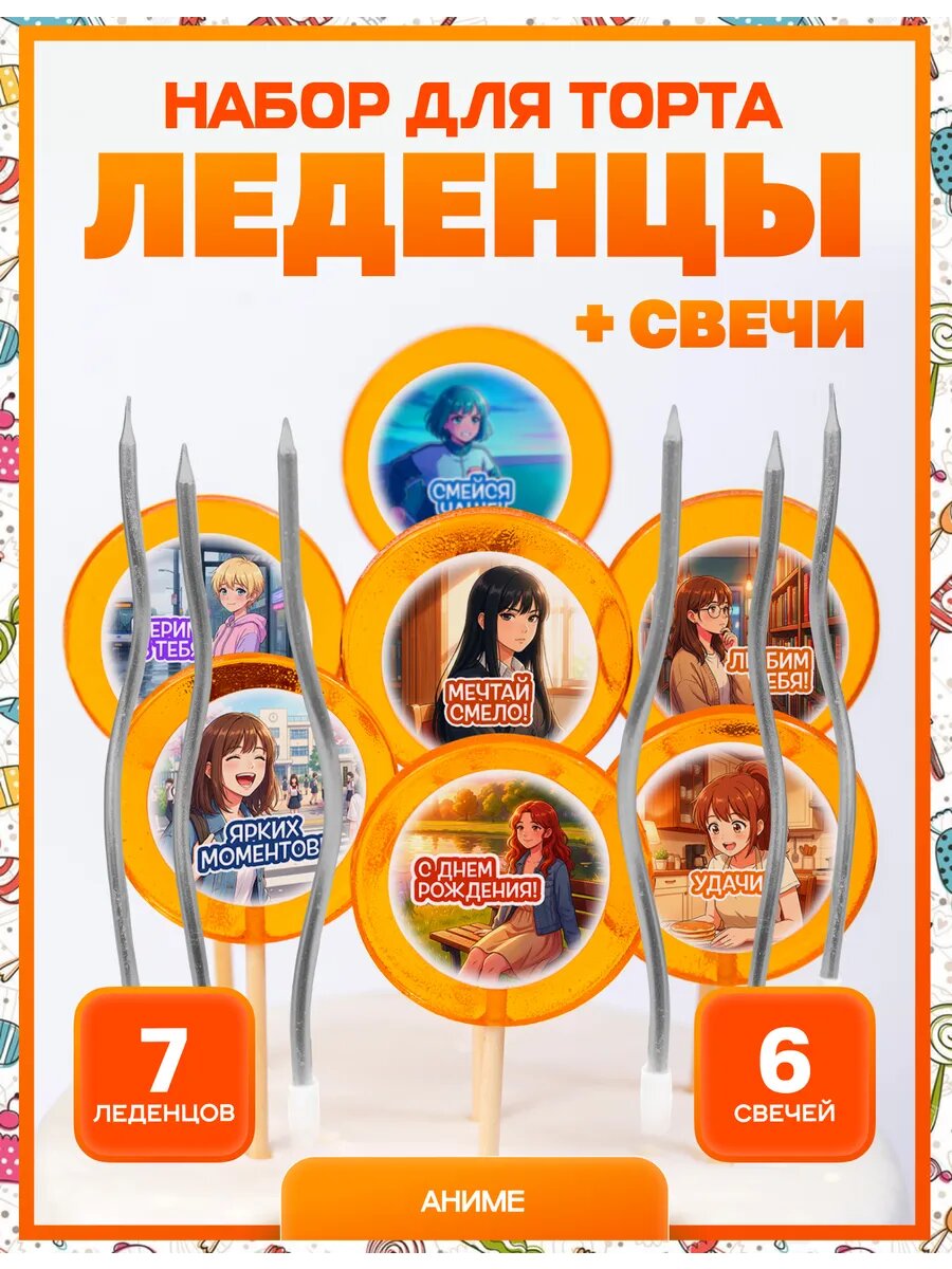 Леденцы на торт. Аниме №2. Надписи + свечи серебро