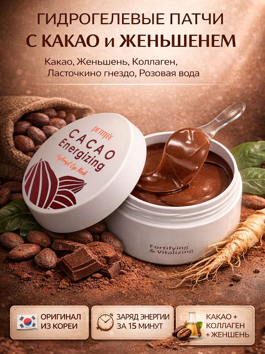 Petitfee Тонизирующие гидрогелевые патчи с какао Cacao Energizing Hydrogel Eye Patch, 60шт