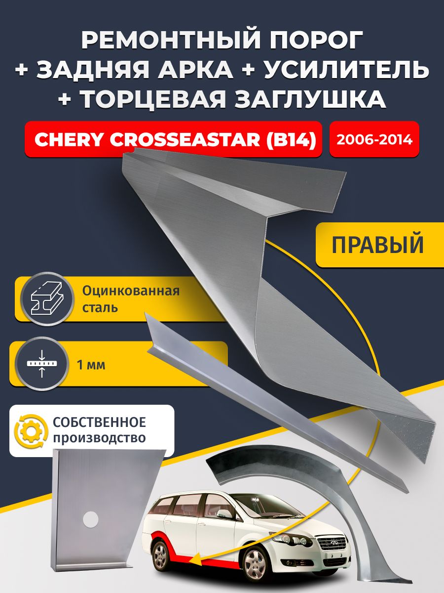 Правая ремонтная задняя арка (0,8 мм) и правый стандартный ремонтный порог + торцевая заглушка + усилитель, на Chery CrossEastar B14 2006-2014 (Чери КроссЕстар Б14). Оцинкованная сталь 1 мм