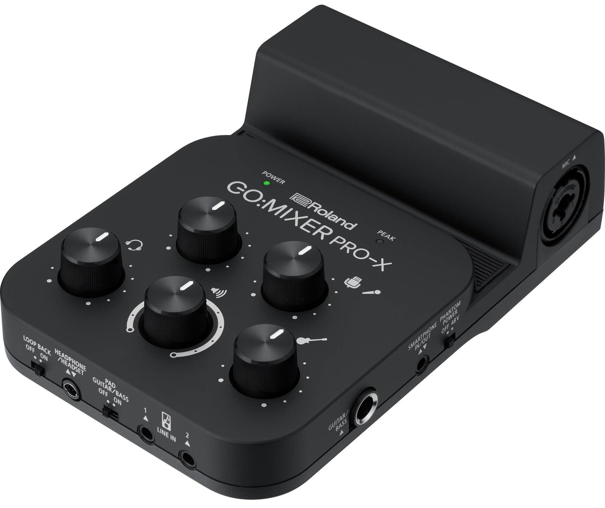 Портативный аудиомикшер/интерфейс ROLAND [GO: MIXER PRO X] для смартфона для iOS/Android, 11 входов (включая микрофонный с фантомным питанием +48 В), 3 выхода, работает от USB или 4 батареек AAA, вес 215 г.