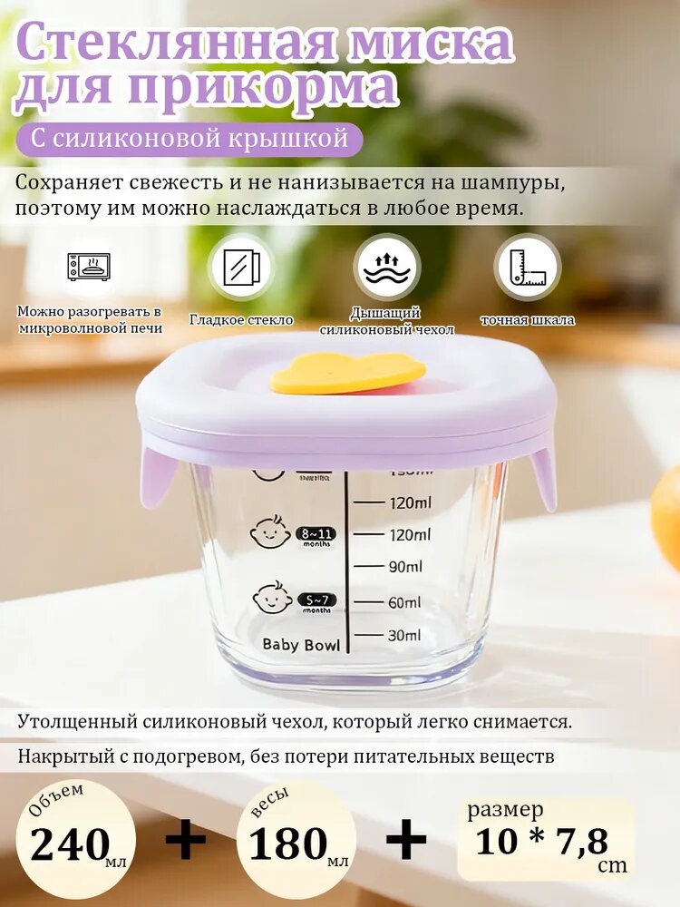 Контейнер для детского питания Стеклянная миска с силиконовой крышкой 240 мл