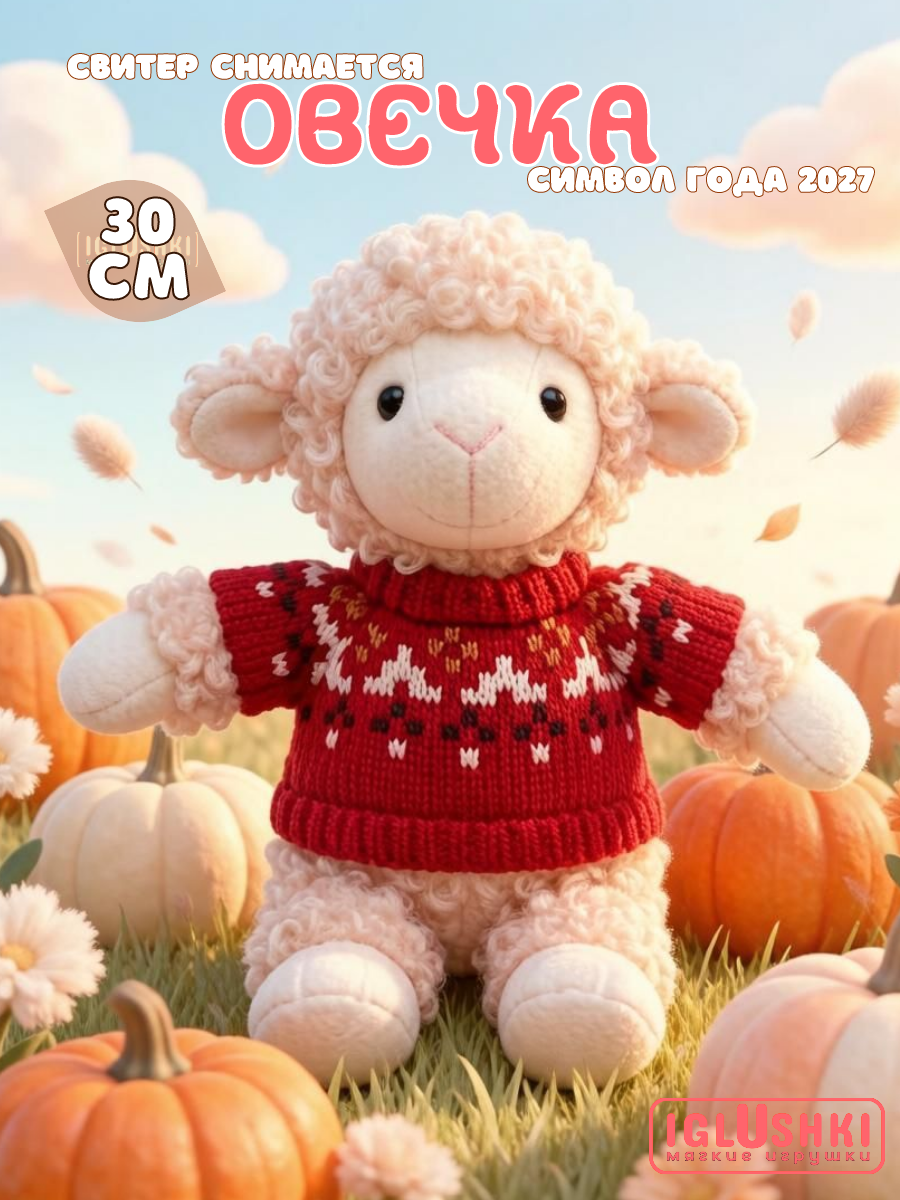 Мягкая игрушка овечка в свитере 30 см / Коза плюшевая игрушка символ года 2027