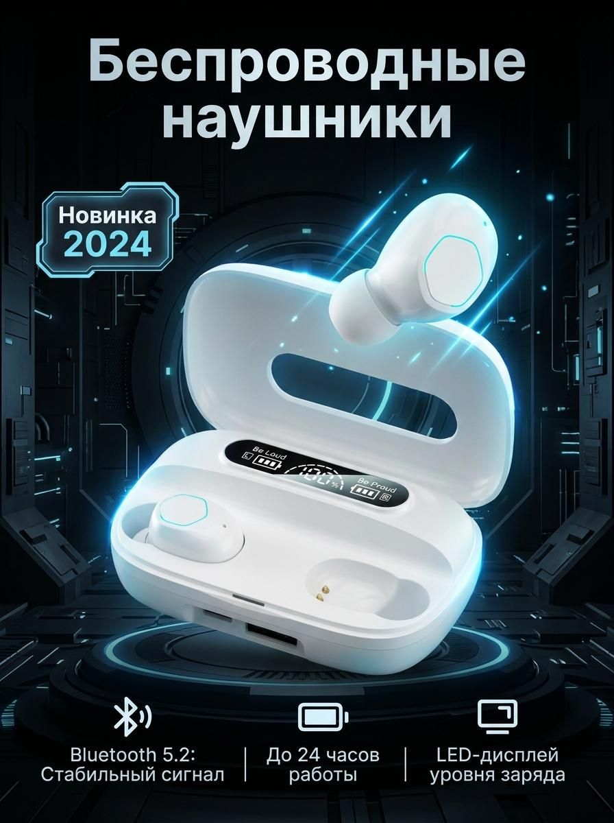 Наушники с микрофоном, беспроводные, Bluetooth 5.2, время работы до 24 ч, LED-дисплей, белые